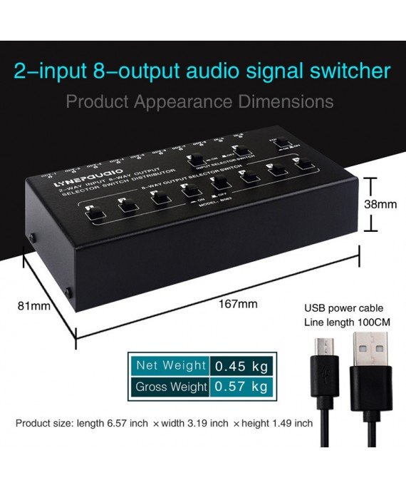 2-In 8-Out Selector Audio Switch Distributor - RCA interface